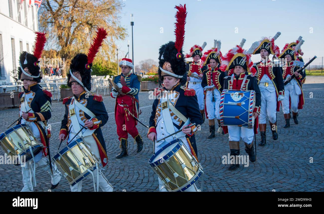 Marching band in Napoleonic costume at Waterloo battlefield Stock Photo ...