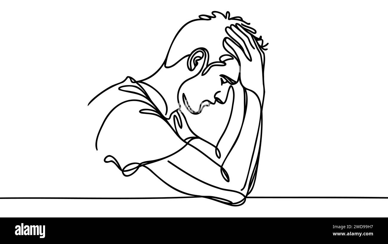 Continuous line drawings of man feeling sad, tired and worried about ...