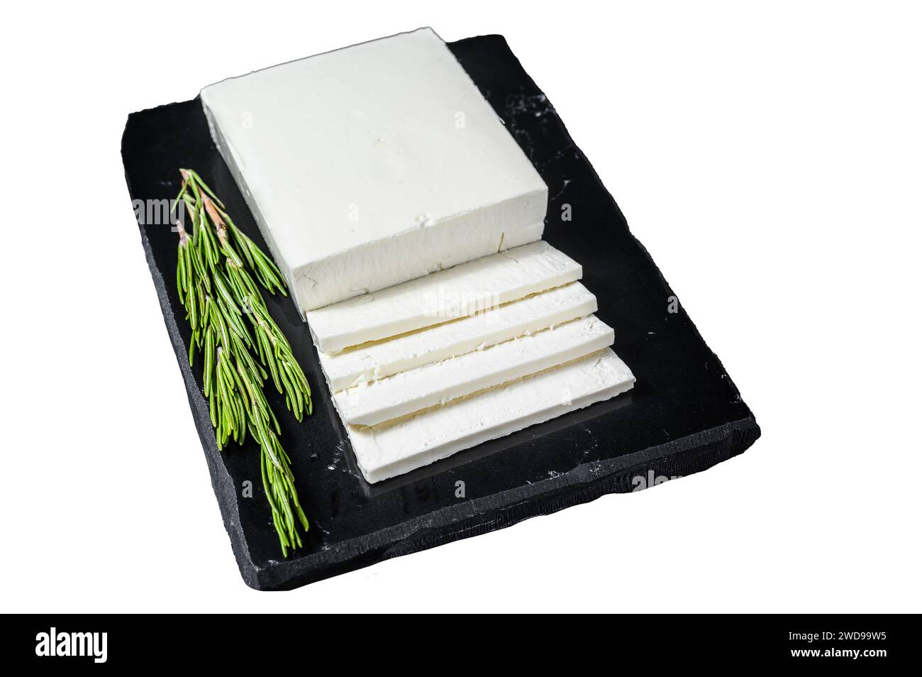 Greek cheese feta with rosemary and olives. Isolated on white ...