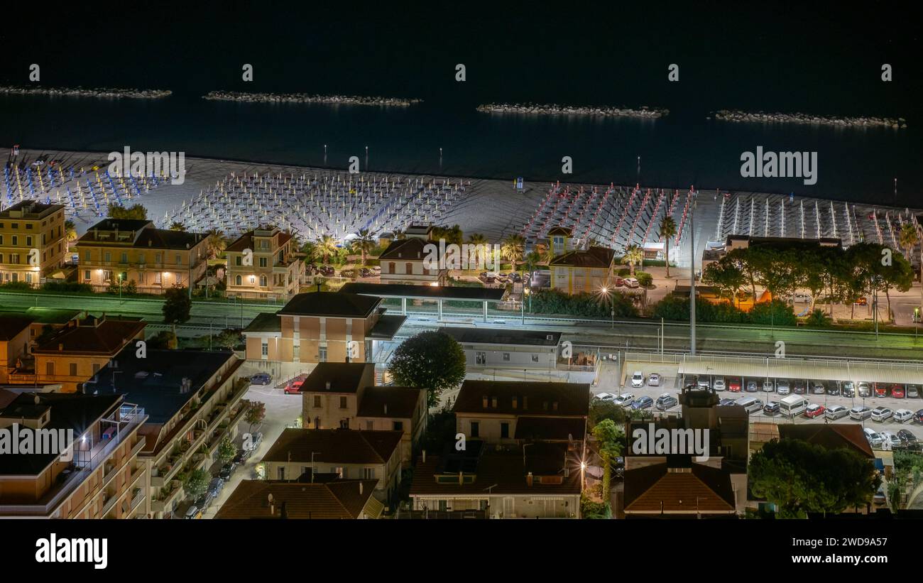 Night vision of Cupra Marittima and its beach. Acoli Piceno, Marche ...