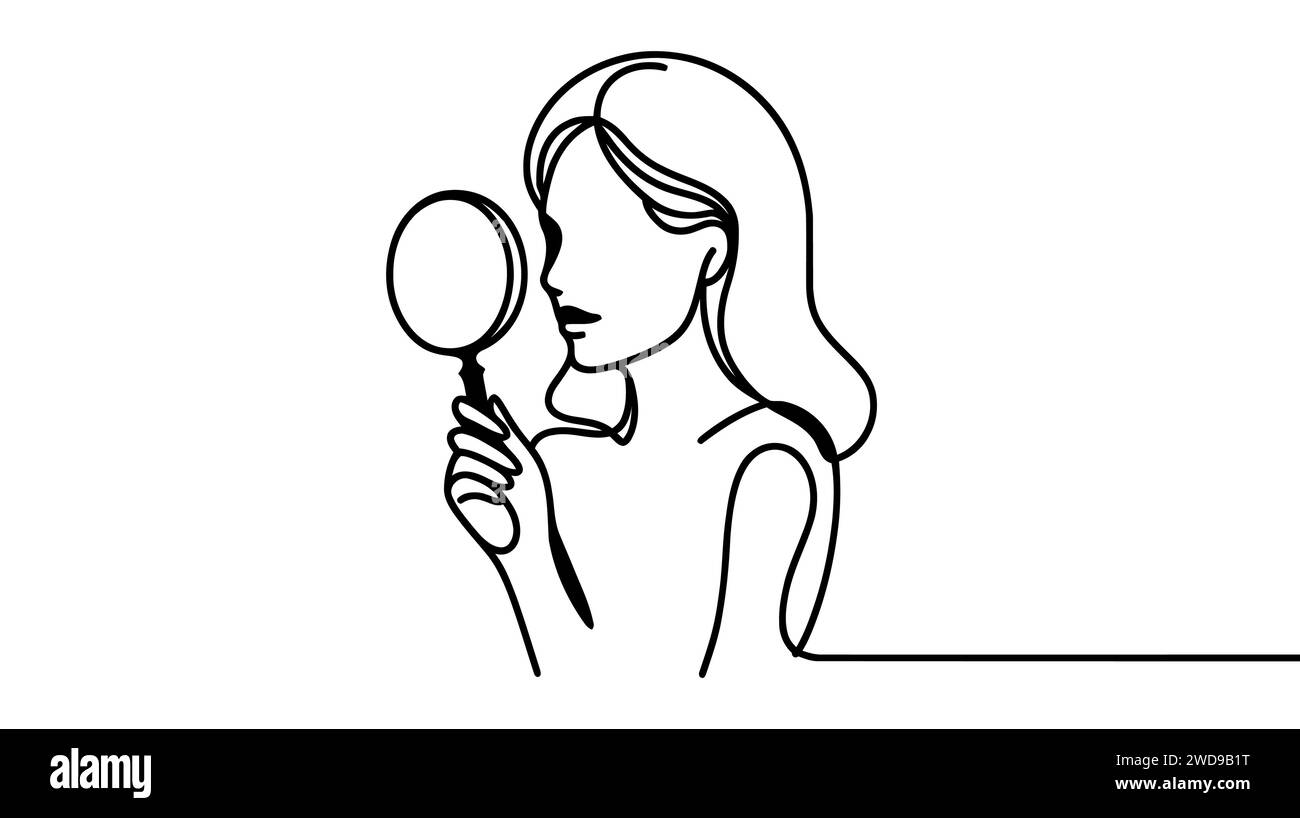 Continuous line drawing Young woman using magnifying glass Searching ...