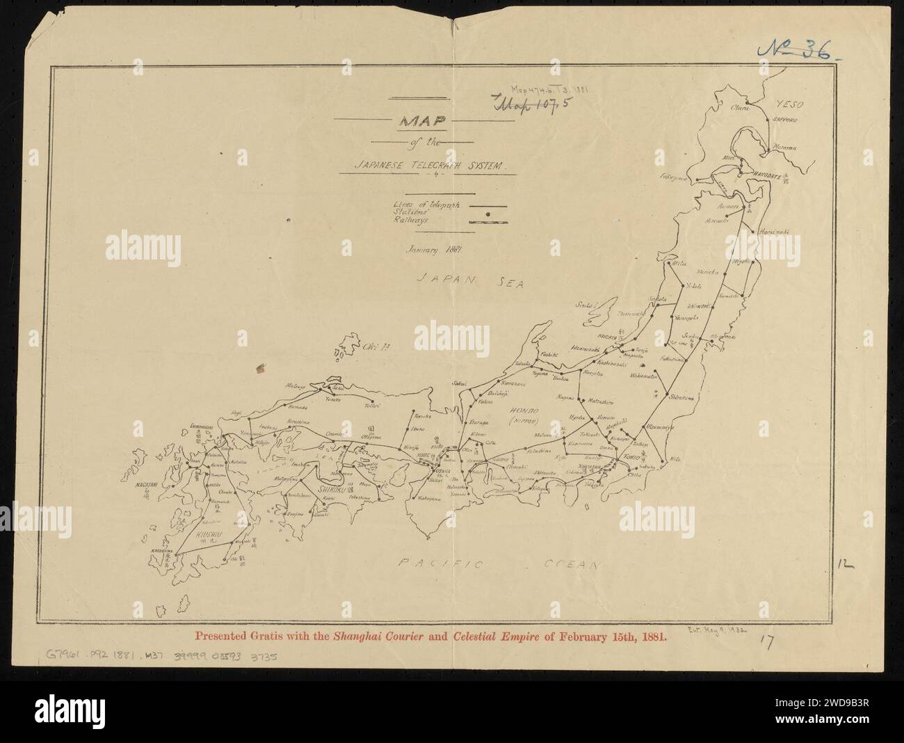 1881 Map of the Japanese telegraph system, by the Shanghai Courier and ...