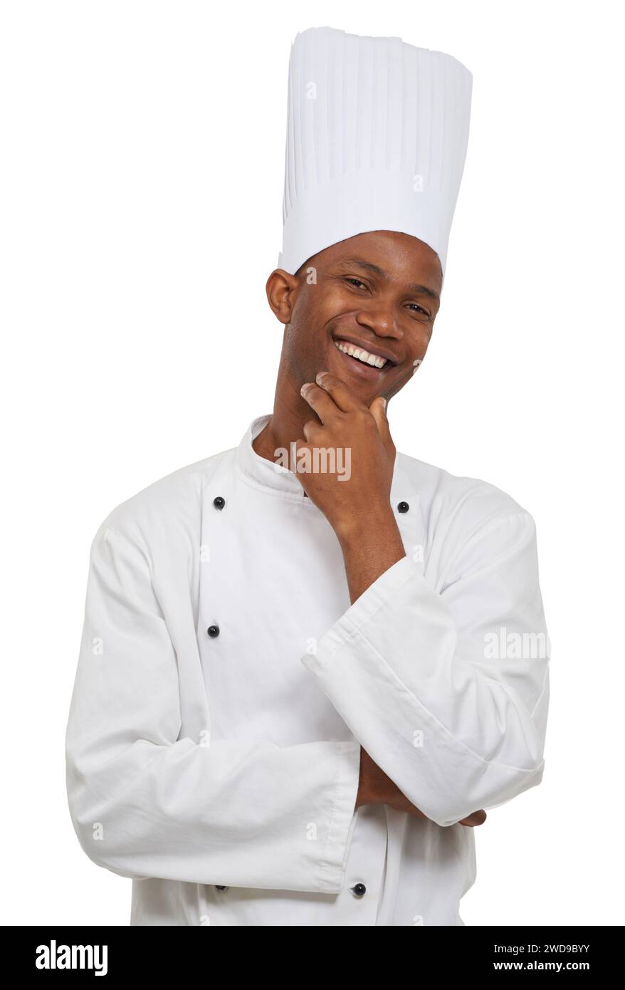 Portrait, happy man and chef thinking in studio isolated on a white ...