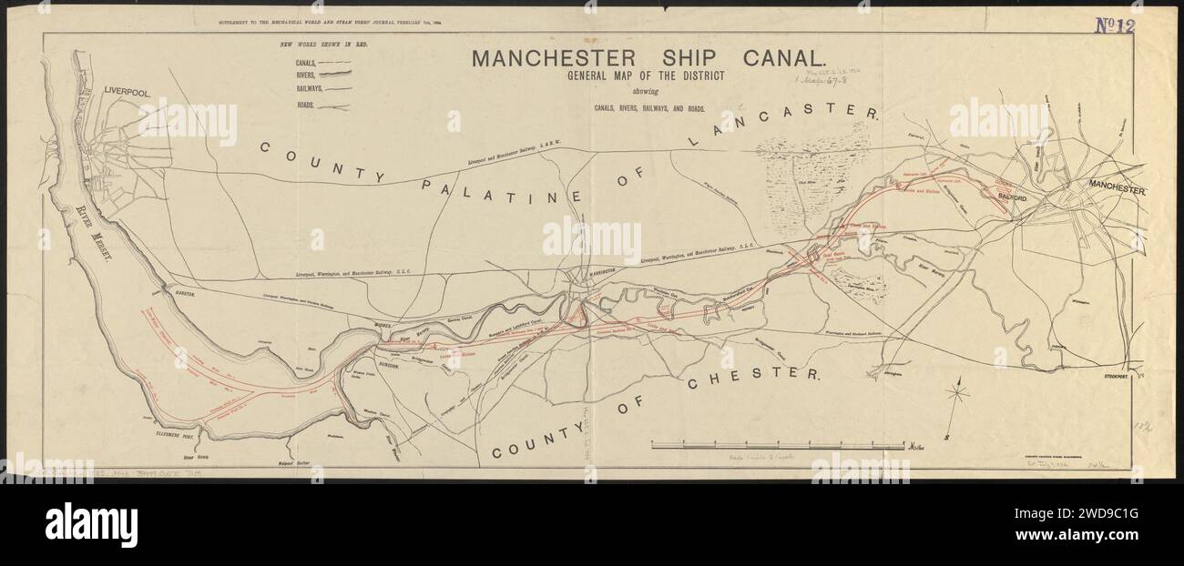 1884 Manchester Ship Canal, general map of the district showing canals ...