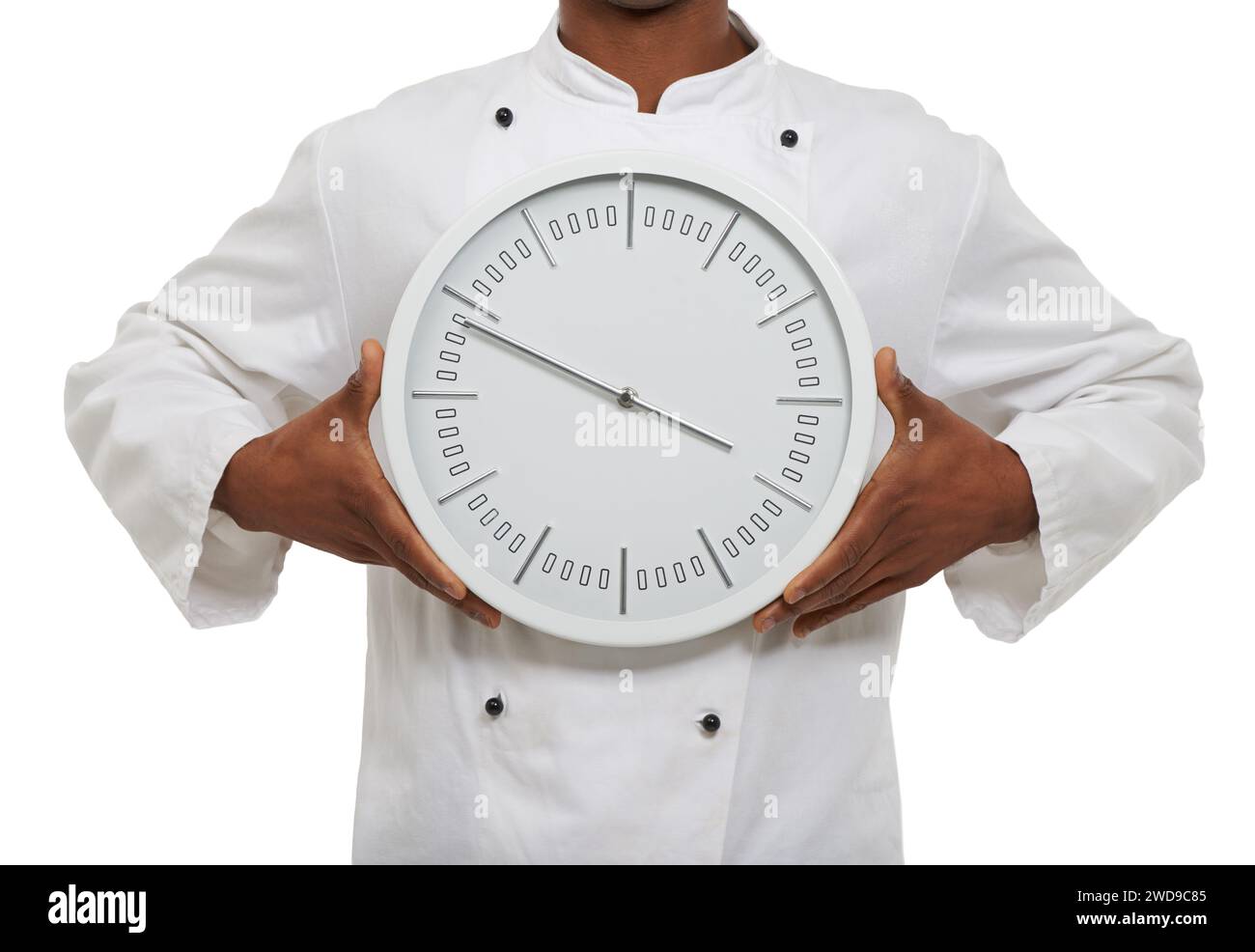 Chef, hands and clock for speed, time or deadline isolated on a white ...
