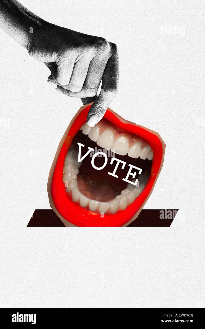 Contemporary art collage. Monochrome female hand puts her colorful ...