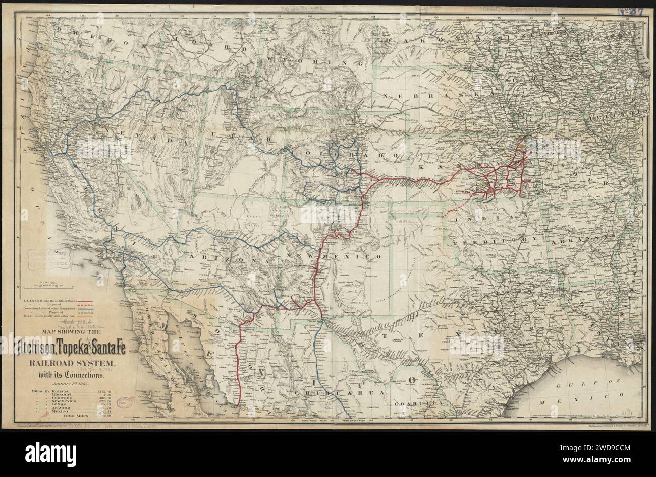 1885 Map showing the Atchison, Topeka and Santa Fe railroad system with ...