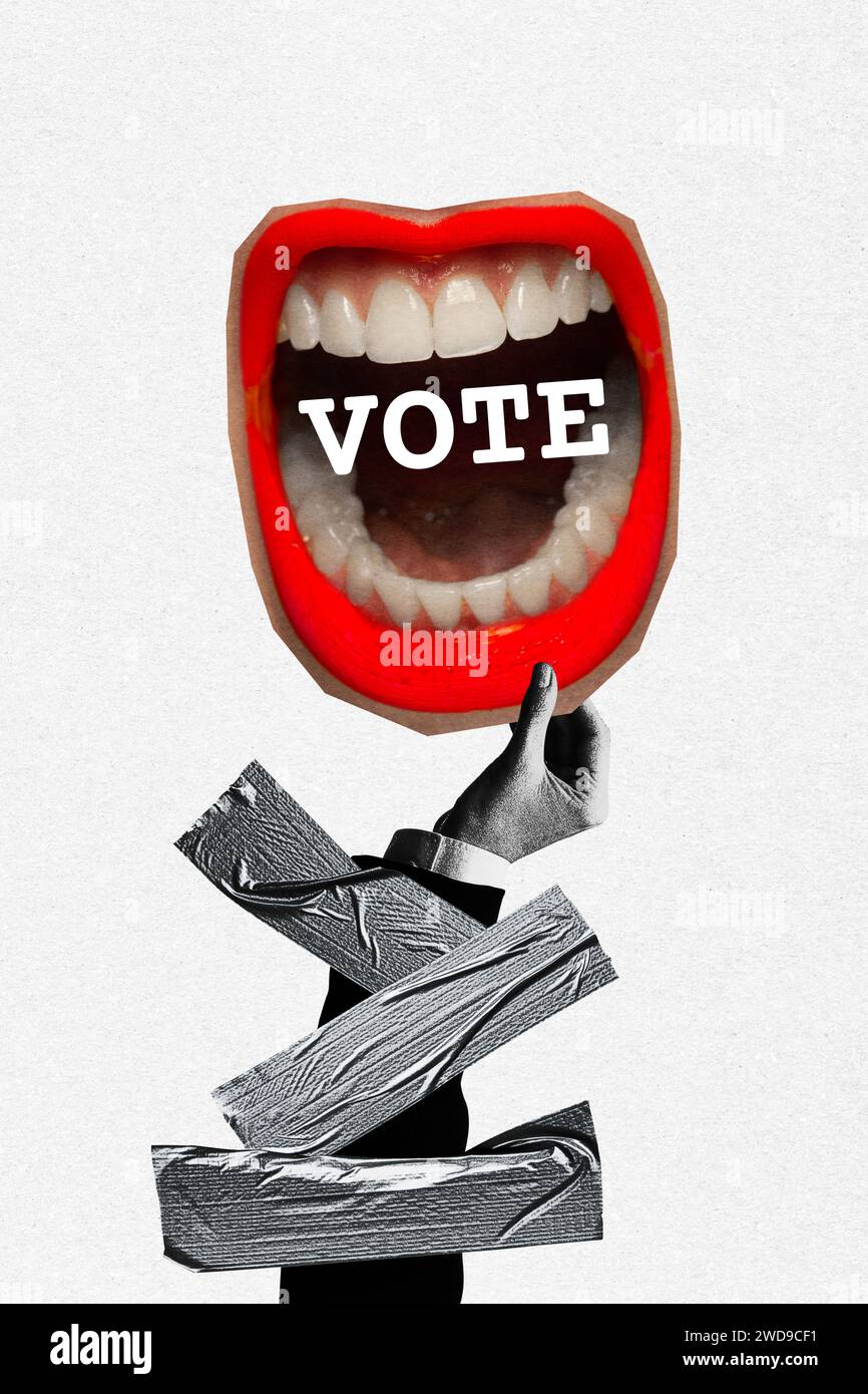 Contemporary art collage. Man's hand glued together in pieces holds ...