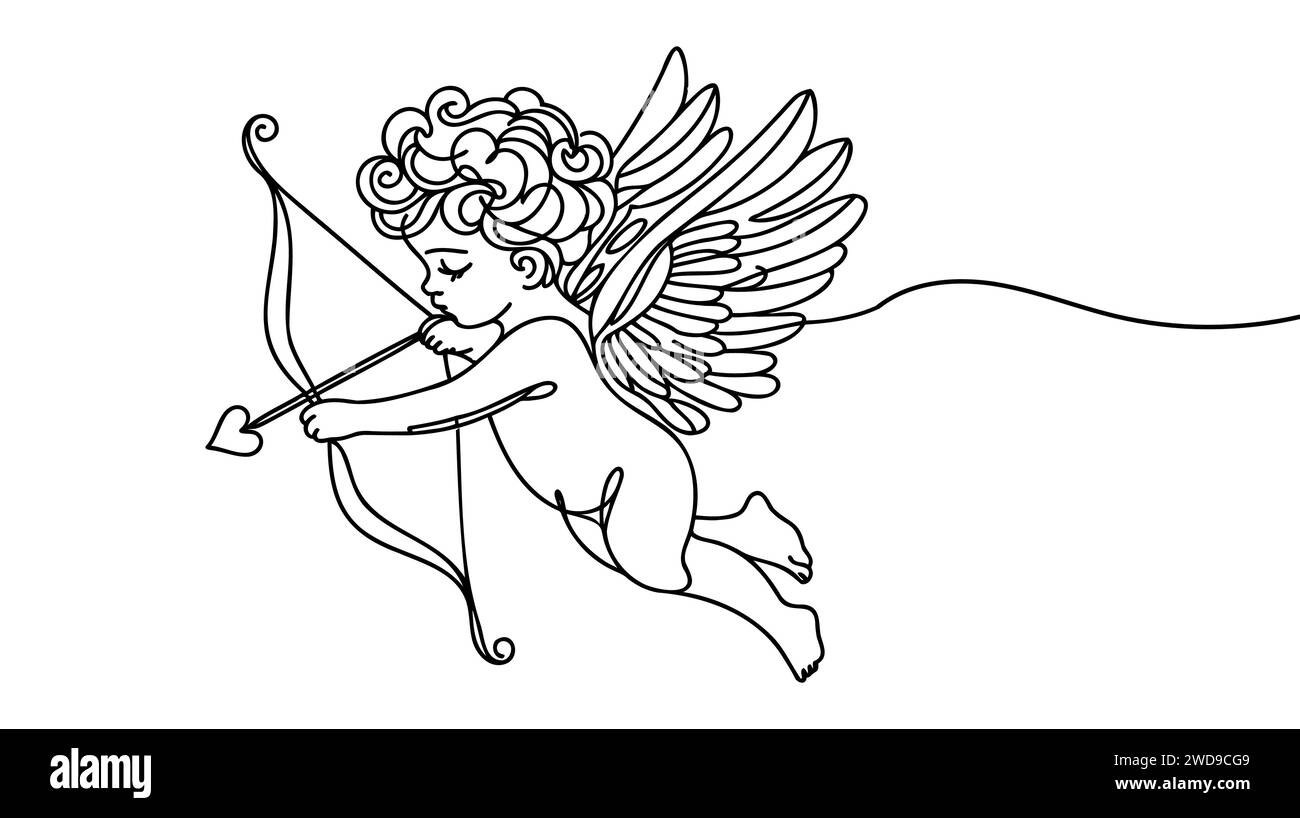 Continuous one line drawing of little angel Cupid. Vector illustration ...