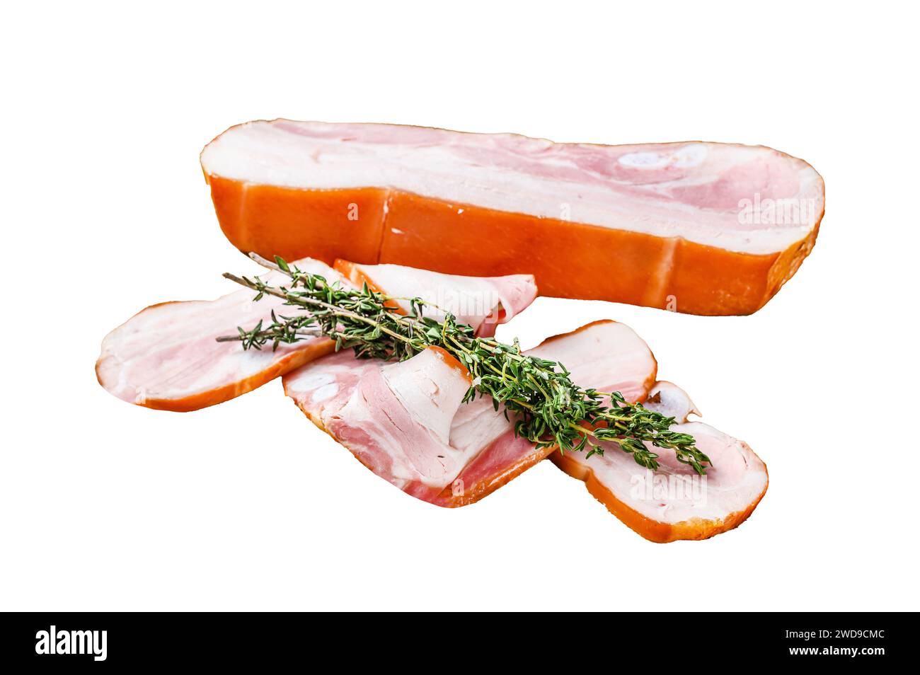 Pork belly with skin, cut slices. Isolated on white background, Top ...