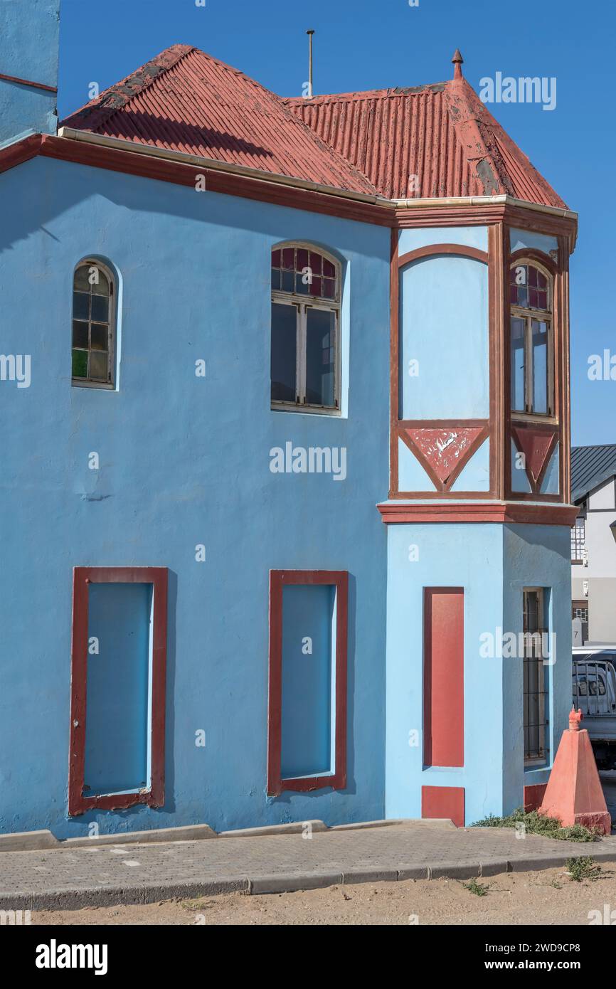 detail of edge turret of picturesque old clear blue building at ...
