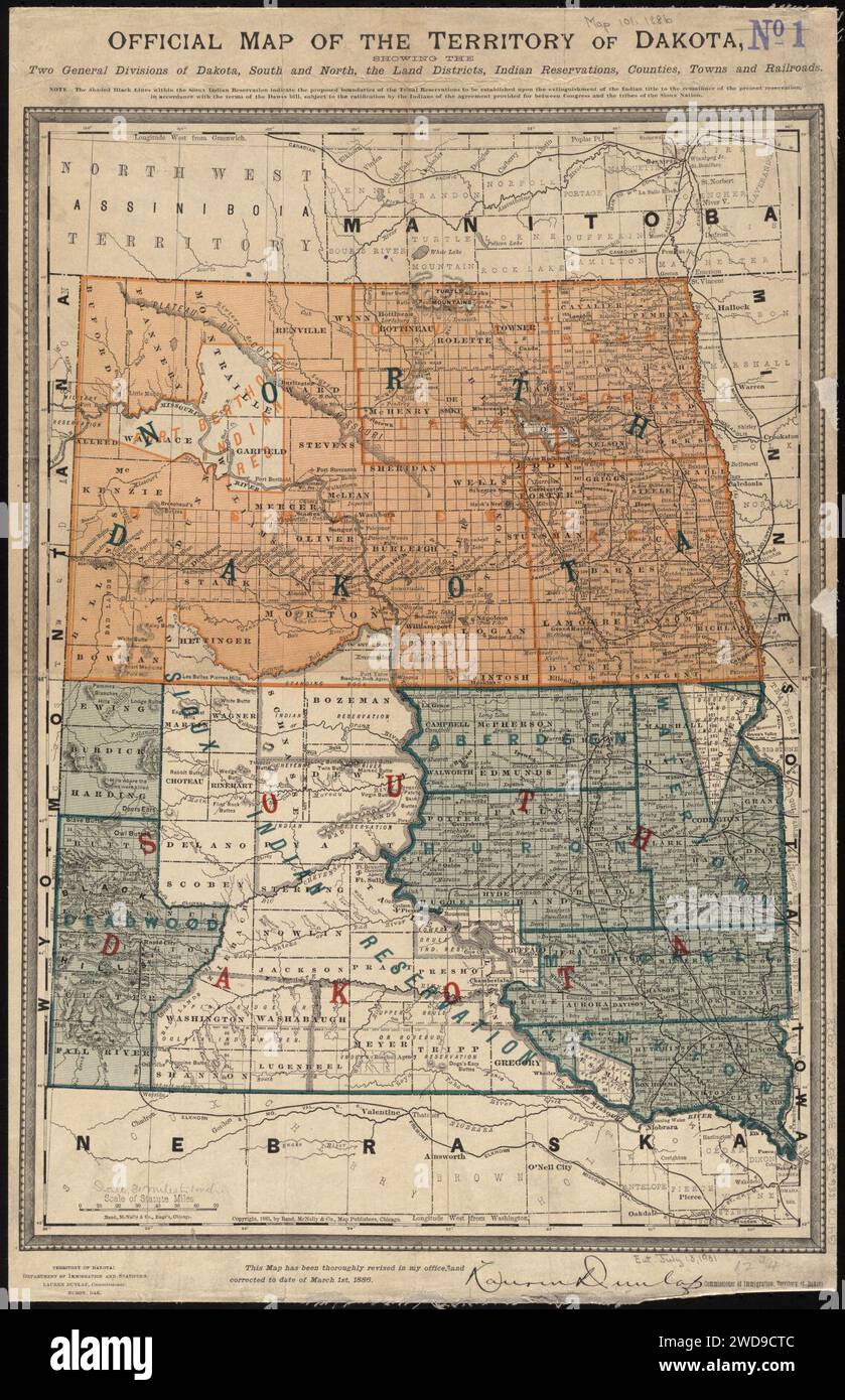 1886 Official map of the territory of Dakota, showing the two general ...