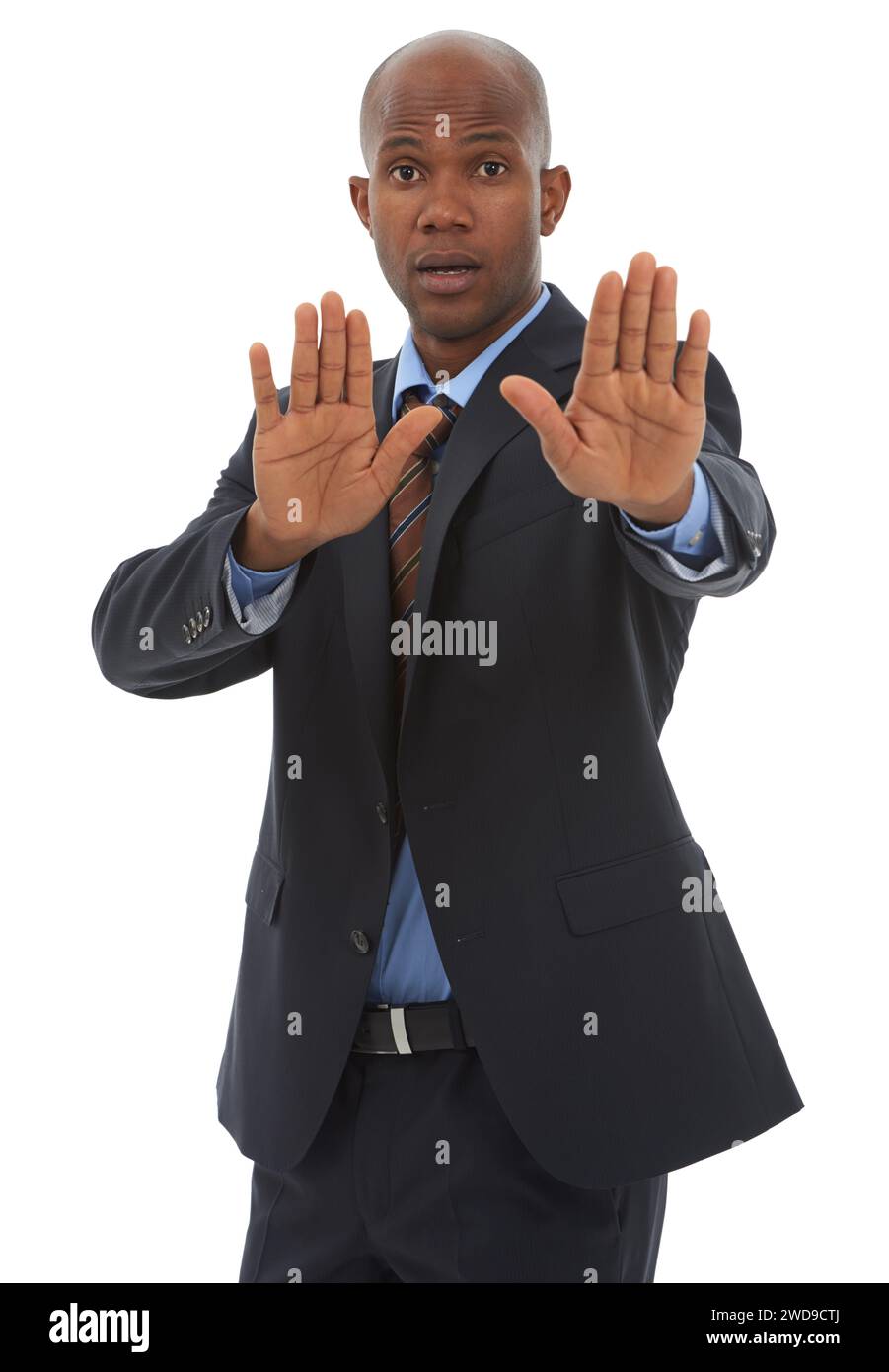 Businessman, portrait or hand gesture in studio for stop for danger ...