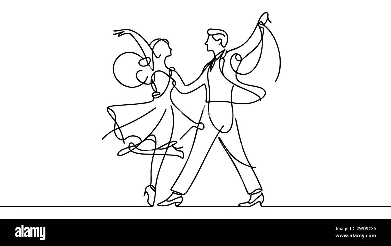Single one line drawing happy cute married man and woman dancing on the ...
