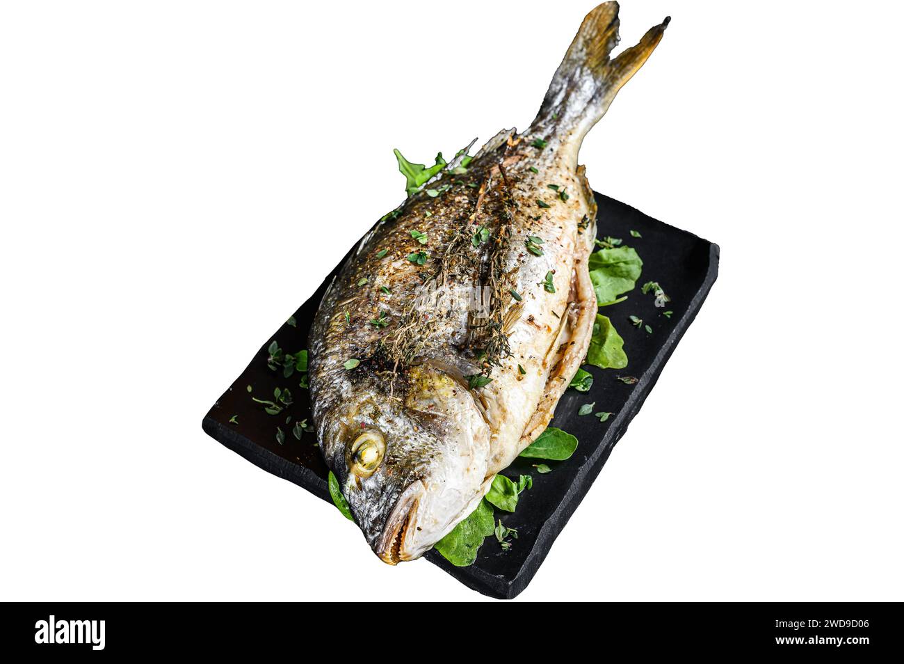 Roasted sea bream fish with herbs on a cutting board. Isolated on white ...