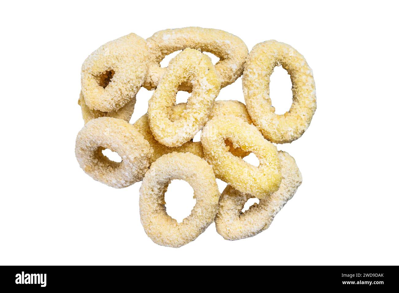 Frozen raw squid rings in breadcrumbs. Isolated on white background ...