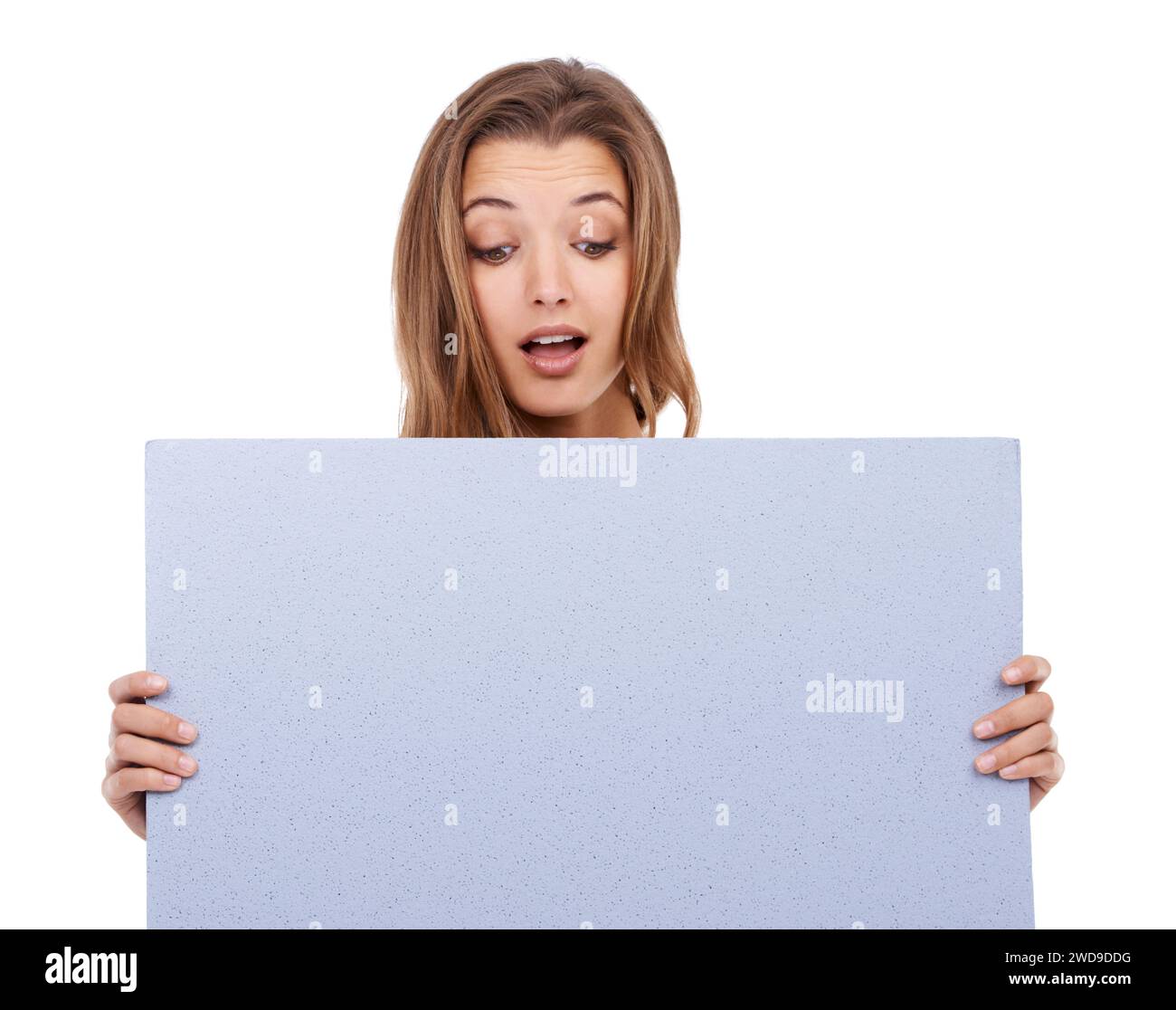 Woman, surprise or mockup on poster isolated on white background for ...