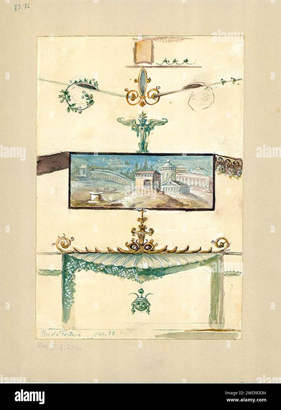 1888 watercolor of painted panel with architectural scene from upper ...