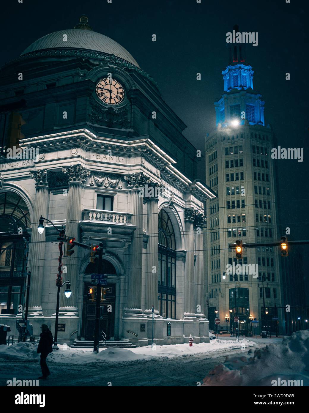 Buffalo Savings Bank and the Electric Tower on a snowy night, Buffalo ...