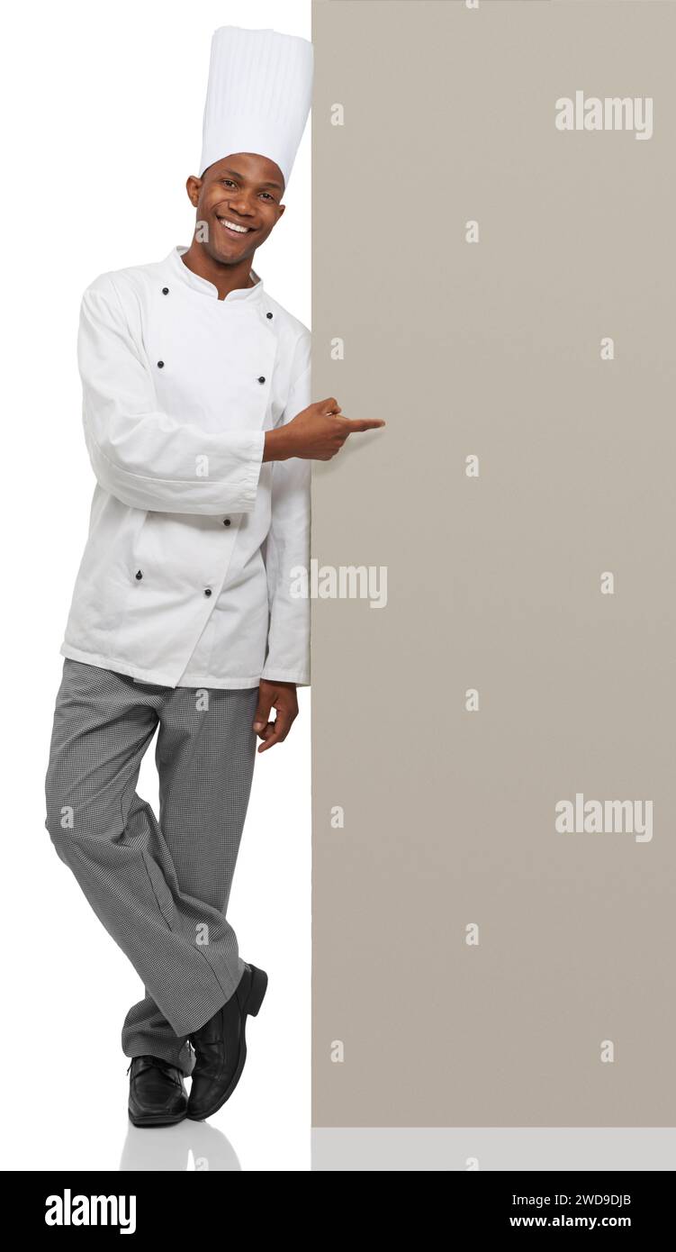 Billboard, portrait and black man chef with hand pointing to studio for ...