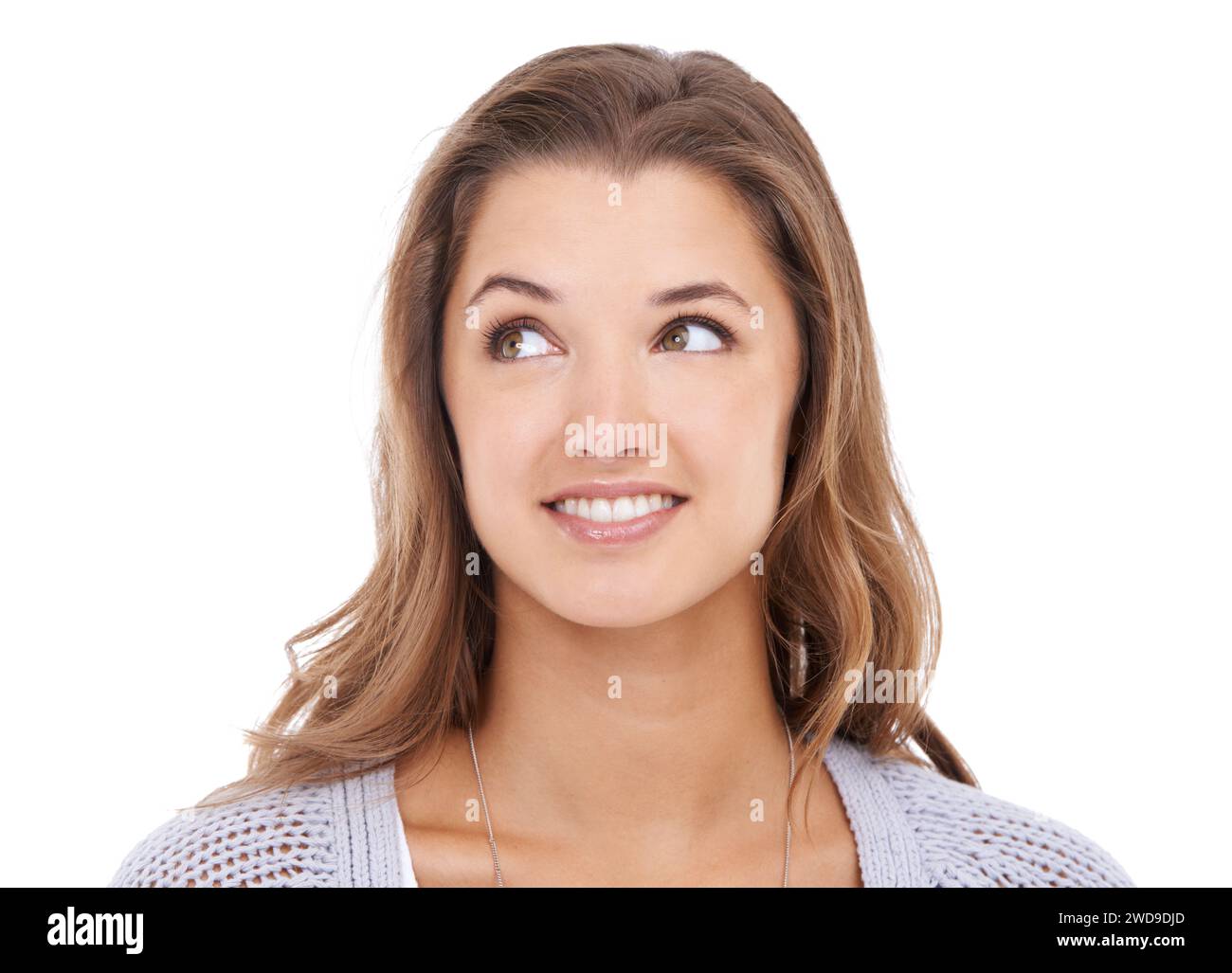 Thinking, ideas and woman with smile questions and decision isolated on ...