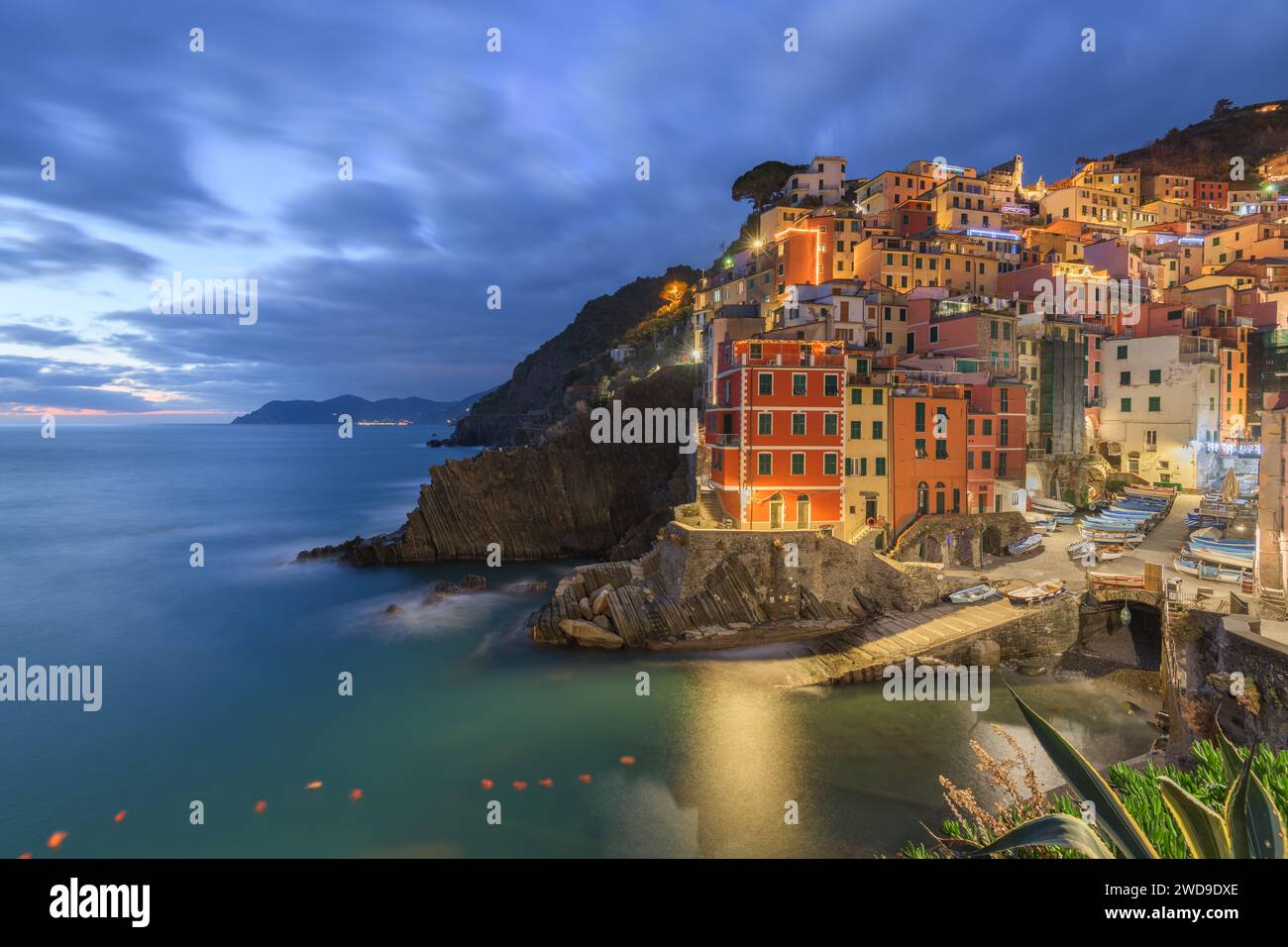 Riomaggiore, Italy, in the Cinque Terre coastal area during blue hour ...