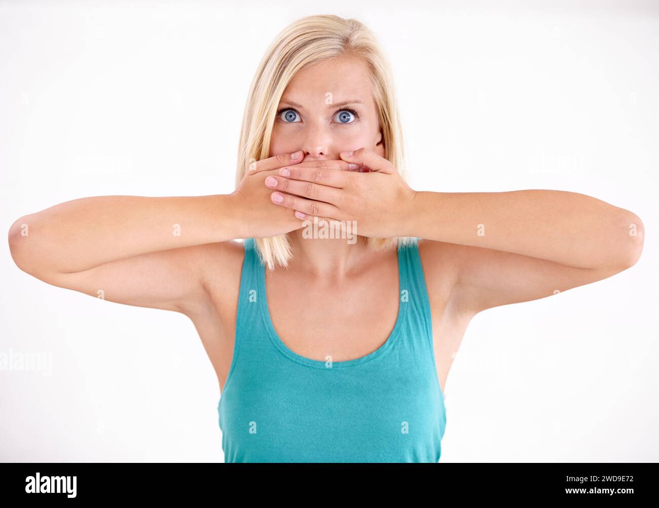 Silence, portrait and woman with hands on mouth, scared and confused ...