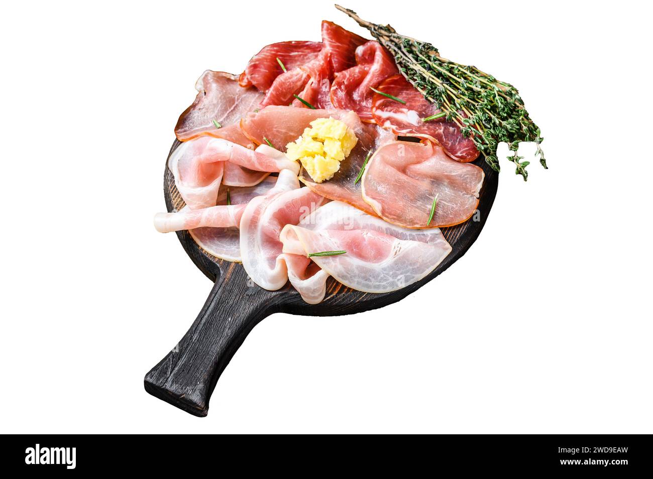 Italian Cold smoked and cured meat, cheese parmesan. Isolated on white ...