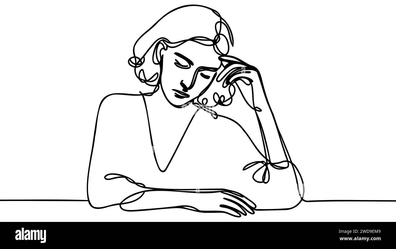 Continuous line drawing of woman think, holding her face in despair ...