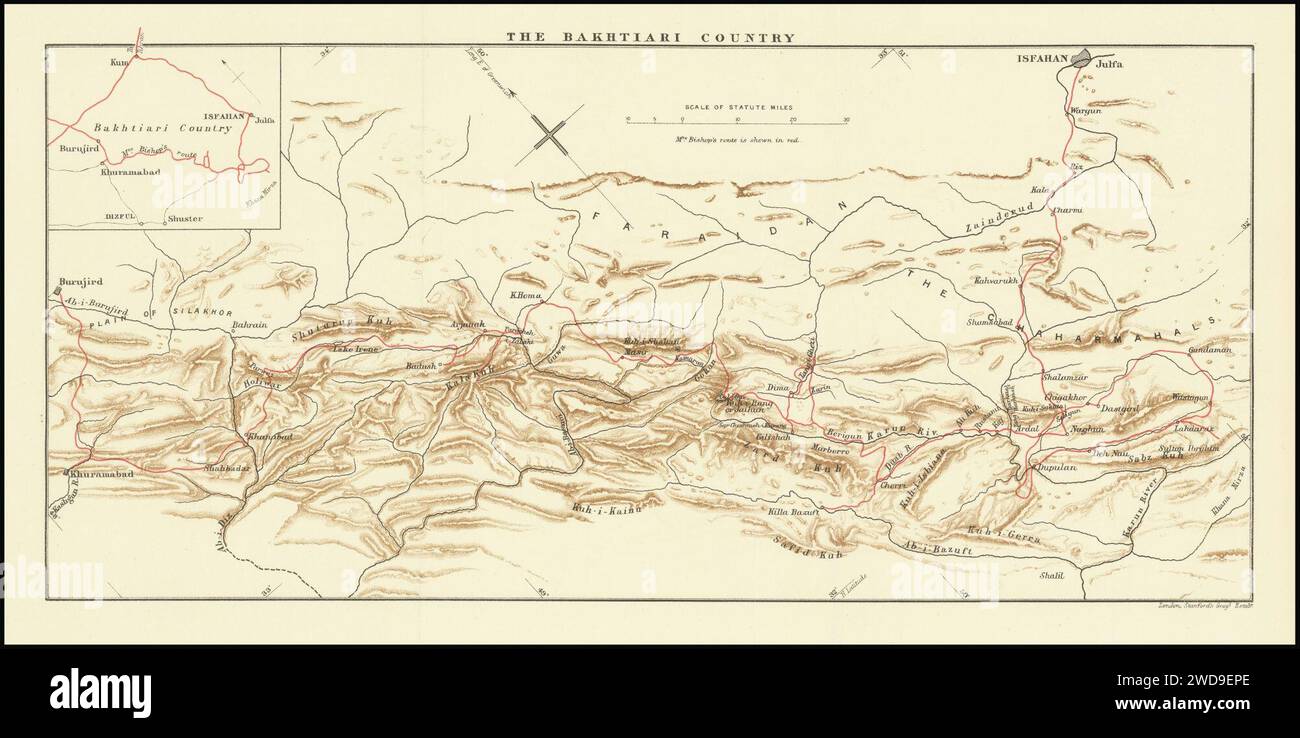 1892 map of Southwestern Iran showing Isabelle Bird Bishop's route in ...