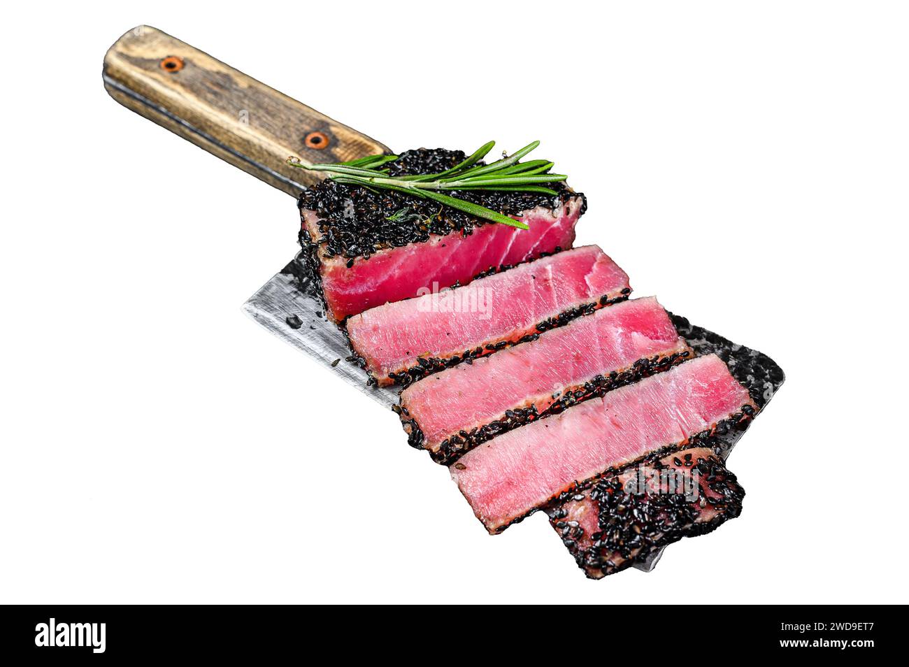 Fried fish tuna steak slices on a meat cleaver. Isolated on white ...
