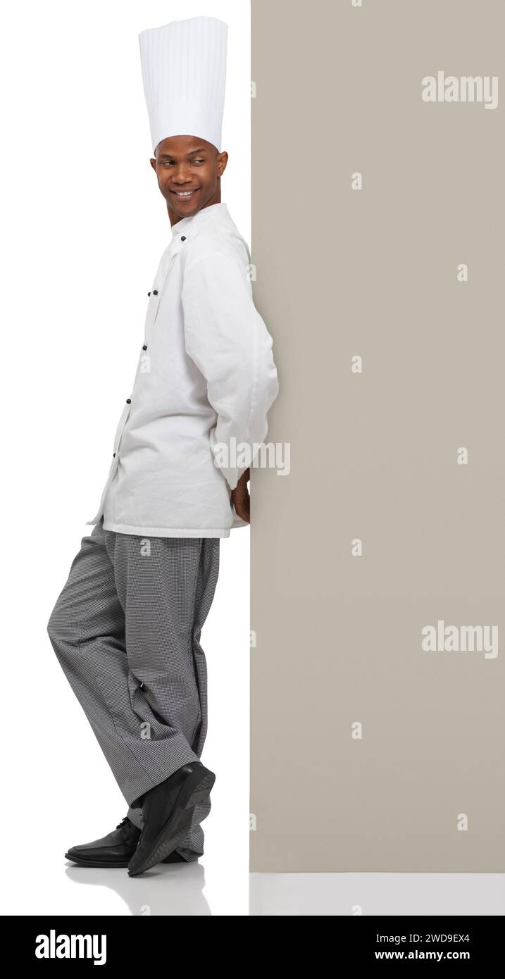 Happy man, chef and poster menu in studio isolated on a white ...
