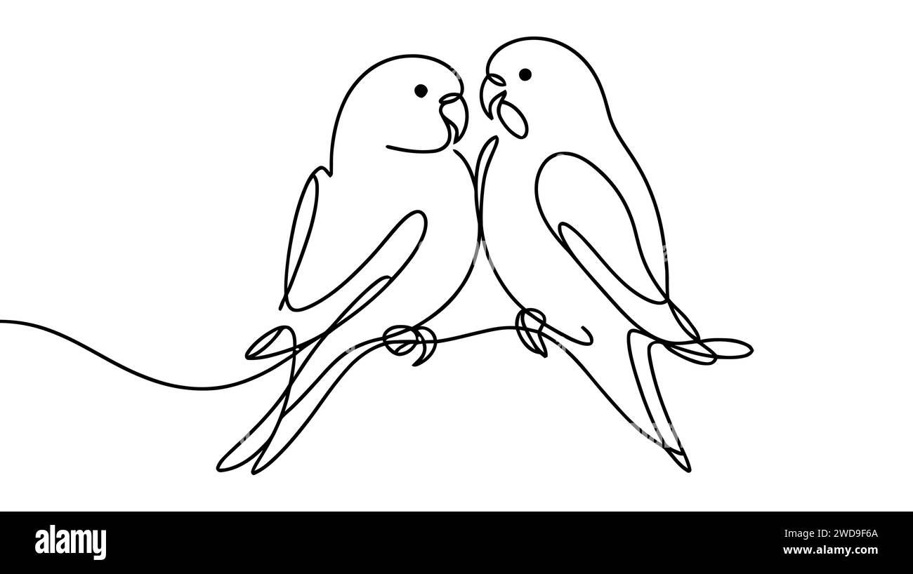 Vector one line illustration with two parrots on a branch on white ...