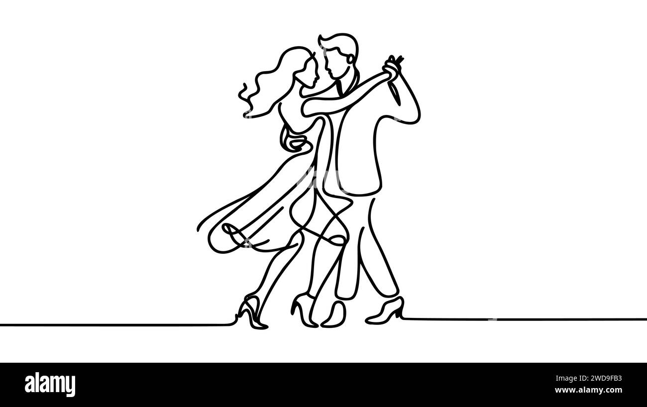 Single one line drawing happy cute married man and woman dancing on the floor at party park ...