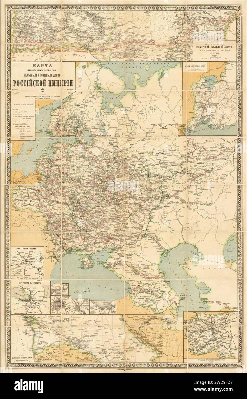 1894 Transport Map of Russia - Map of the routes of Steamships ...