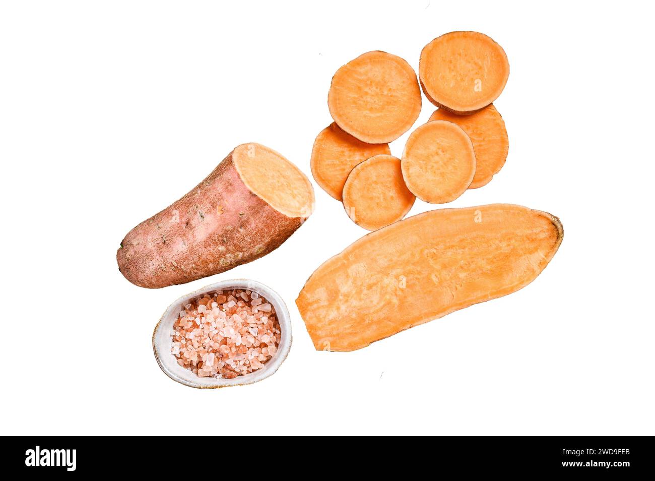 Raw cut yam Sweet potato. Isolated on white background, Top view Stock ...