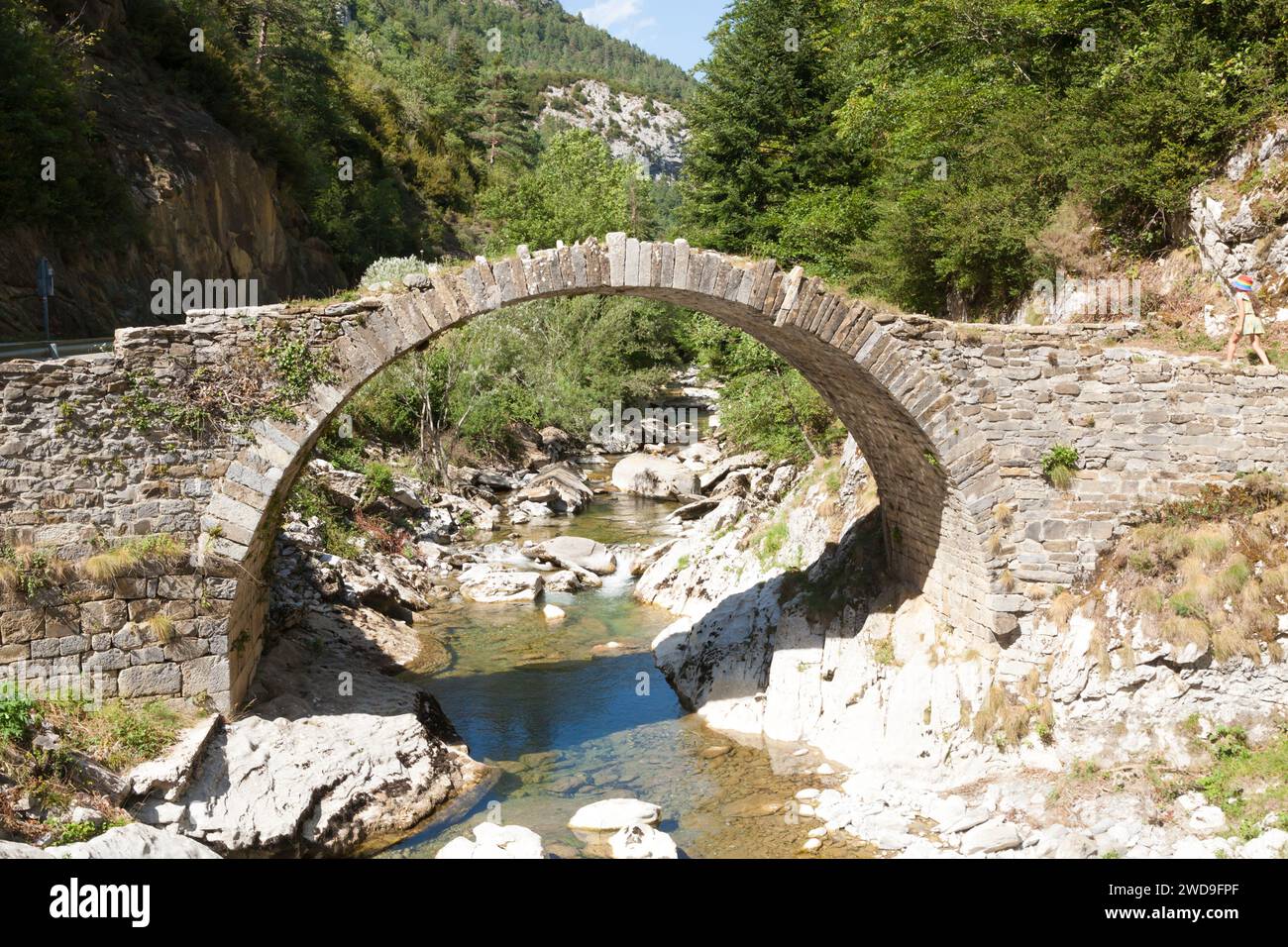 Ancient Roman bridge along the road to Anso, Spain. Ordesa valley ...