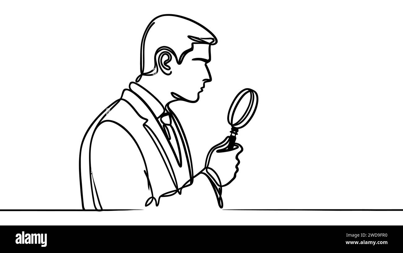 Continuous line drawing of man hold magnifying glass to analyze work ...