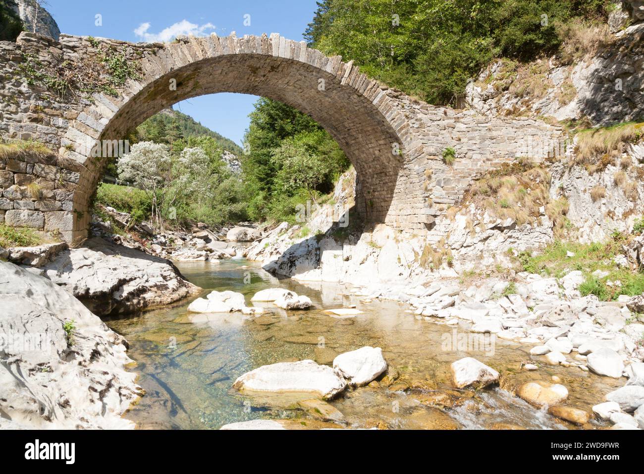 Ancient Roman bridge along the road to Anso, Spain. Ordesa valley ...