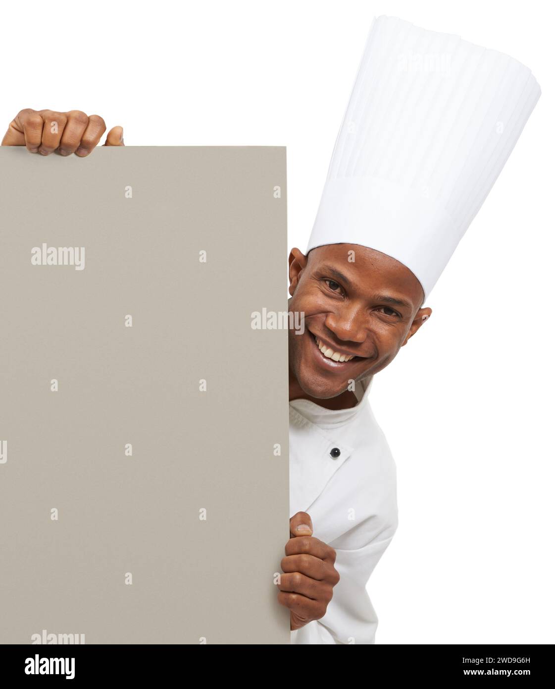Portrait, banner or black man chef with studio poster for checklist ...