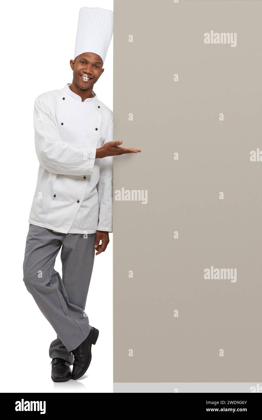 Poster, portrait and black man chef with hand pointing to studio for ...