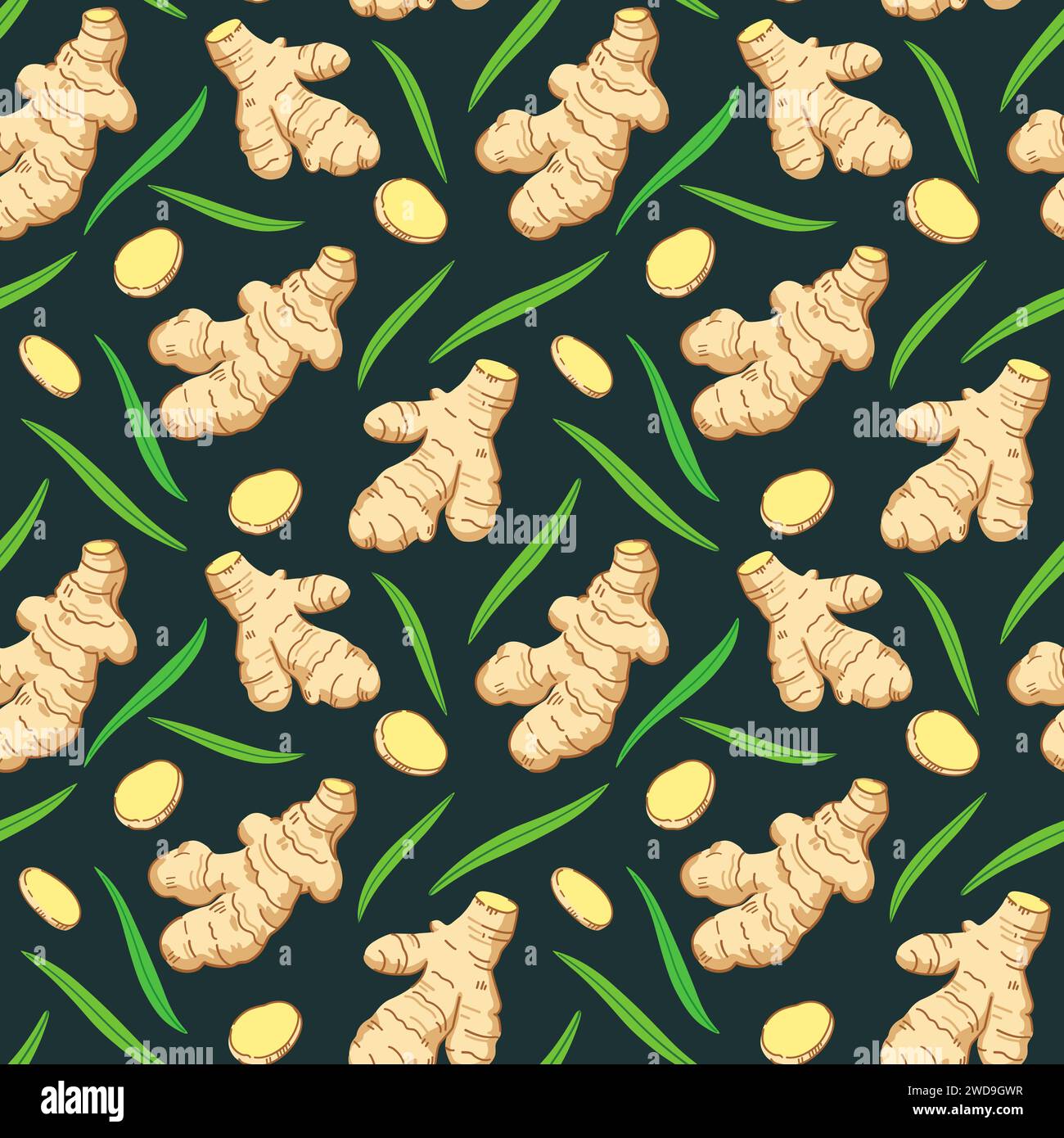 Seamless pattern with ginger roots, slices and leaves. Vector ...