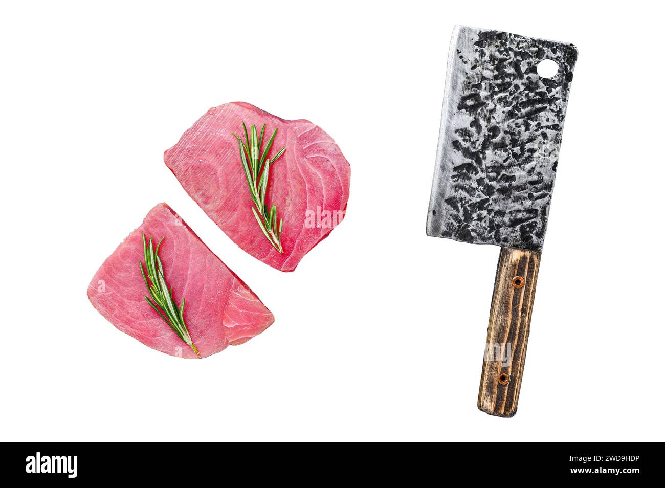 Raw tuna steaks on a wooden cutting Board with cleaver. Isolated on ...