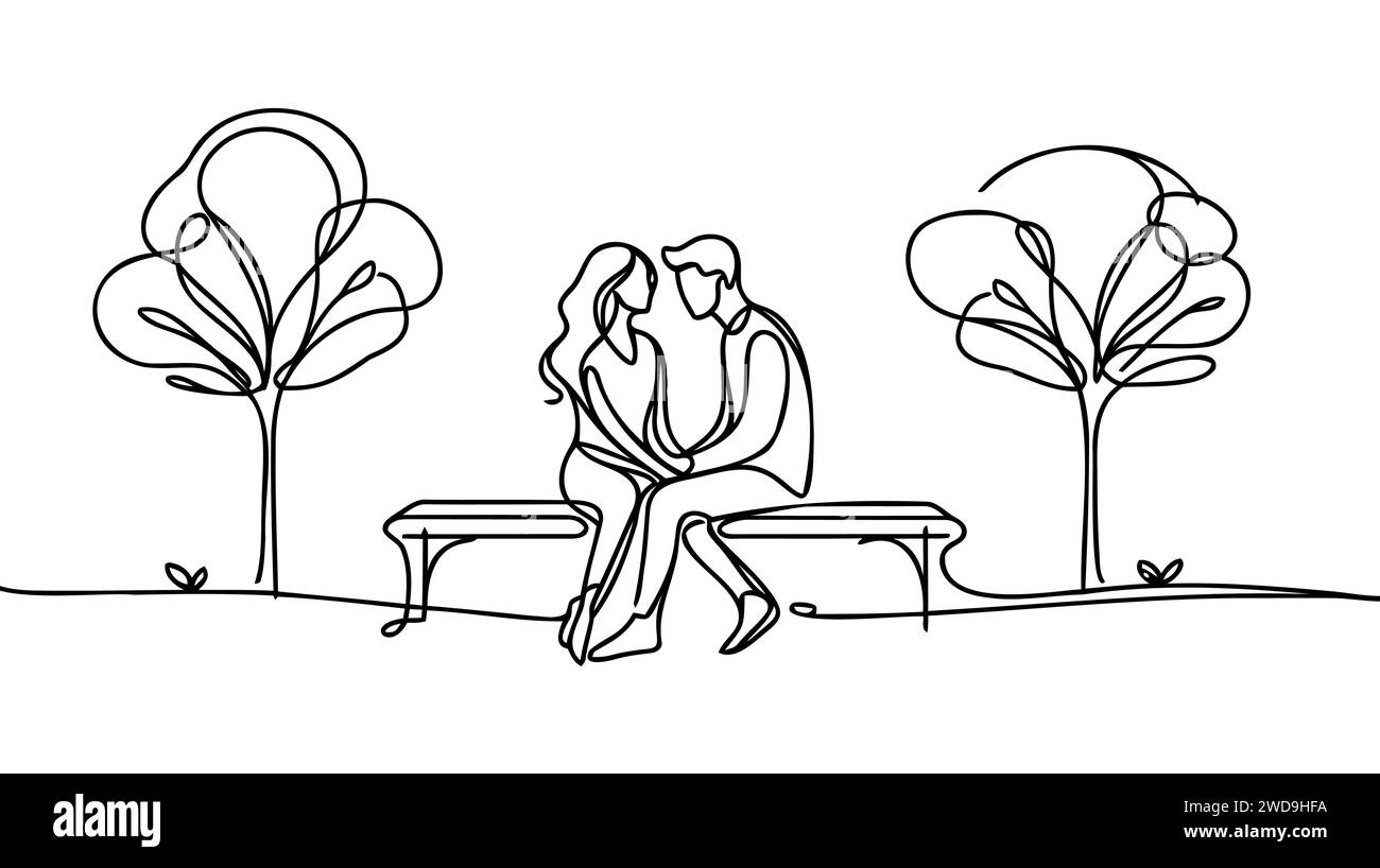 Single continuous line drawing romantic couple on bench in park. Happy ...