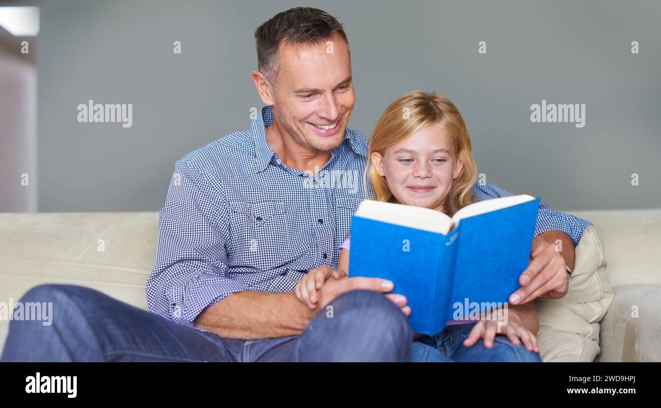 Father, child and reading book for education at home, story and fantasy ...