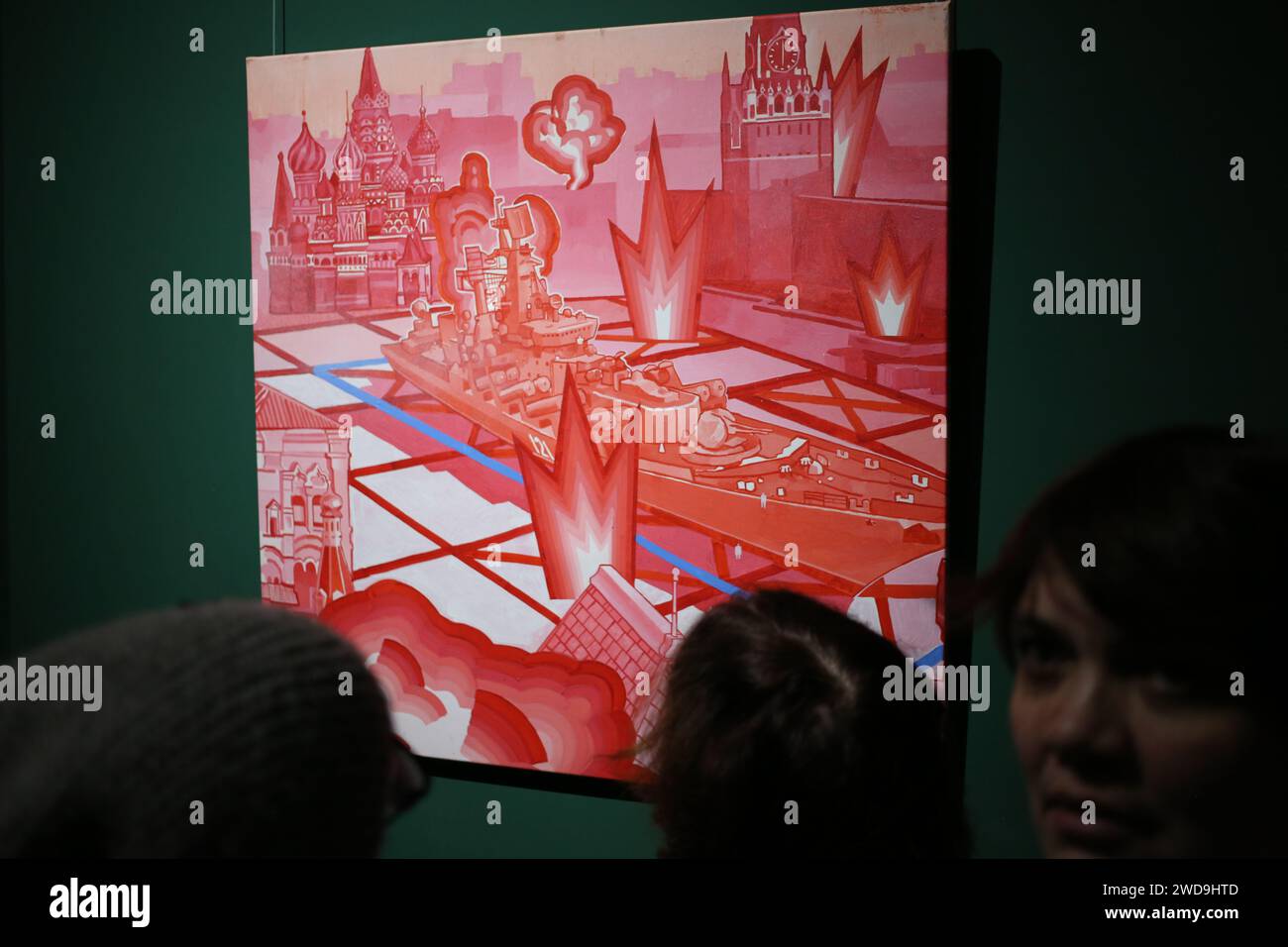 Spectators are seen looking at the works of Denis Metelin at the Odessa ...