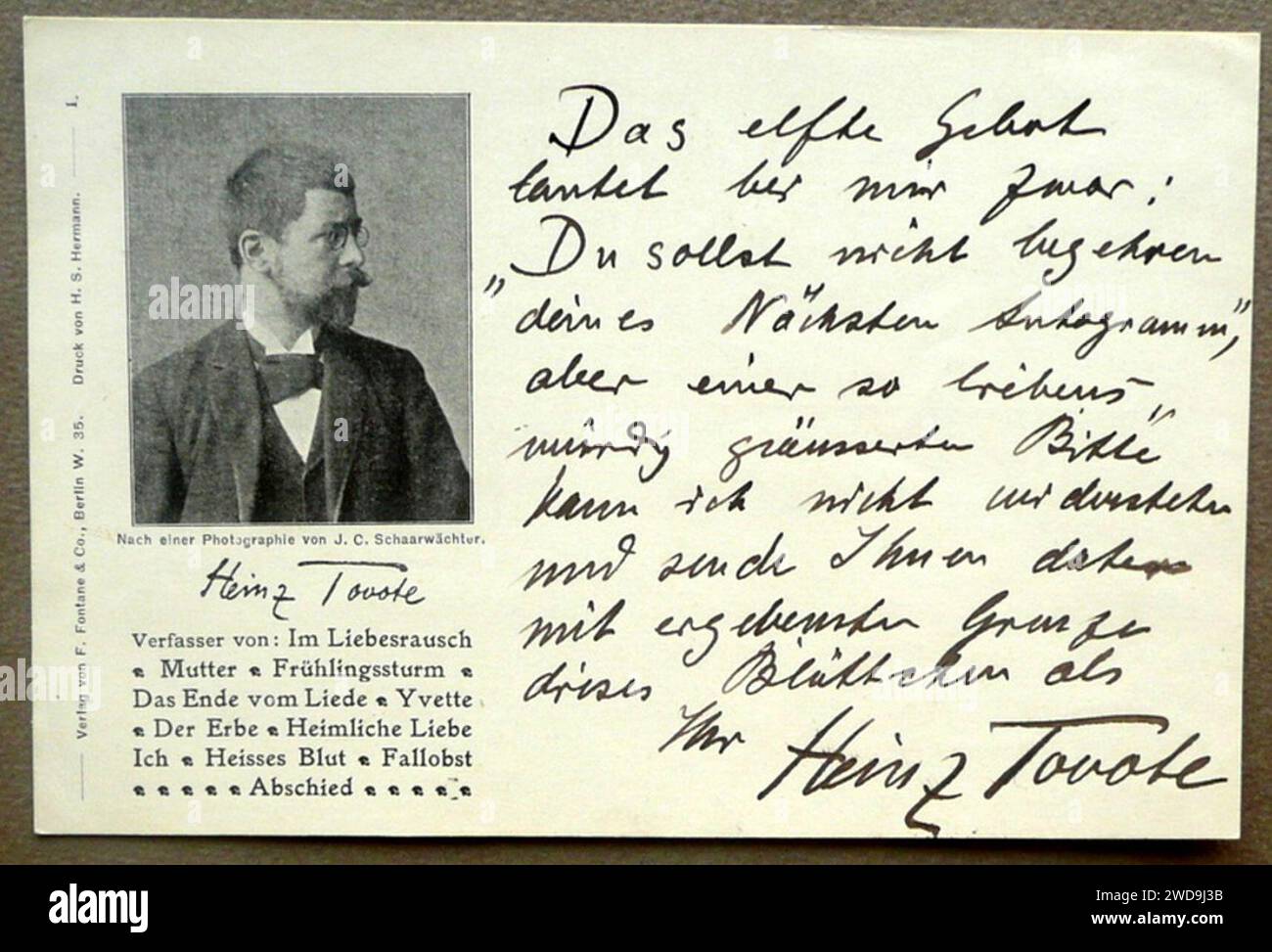 1900 circa Heinz Tovote Postkarte mit Foto von Julius Cornelius Schaarwächter, F. Fontane & Co ...