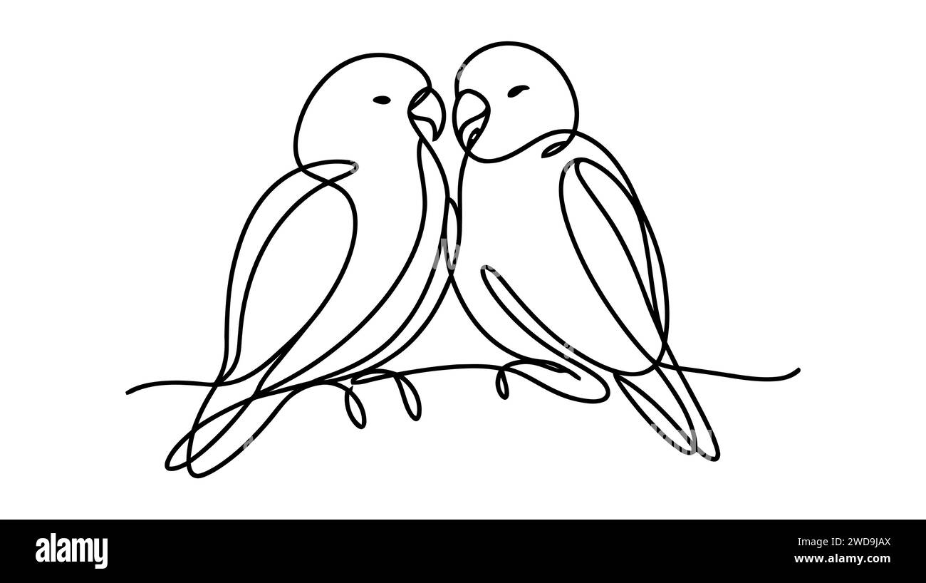 Vector one line illustration with two parrots on a branch on white ...