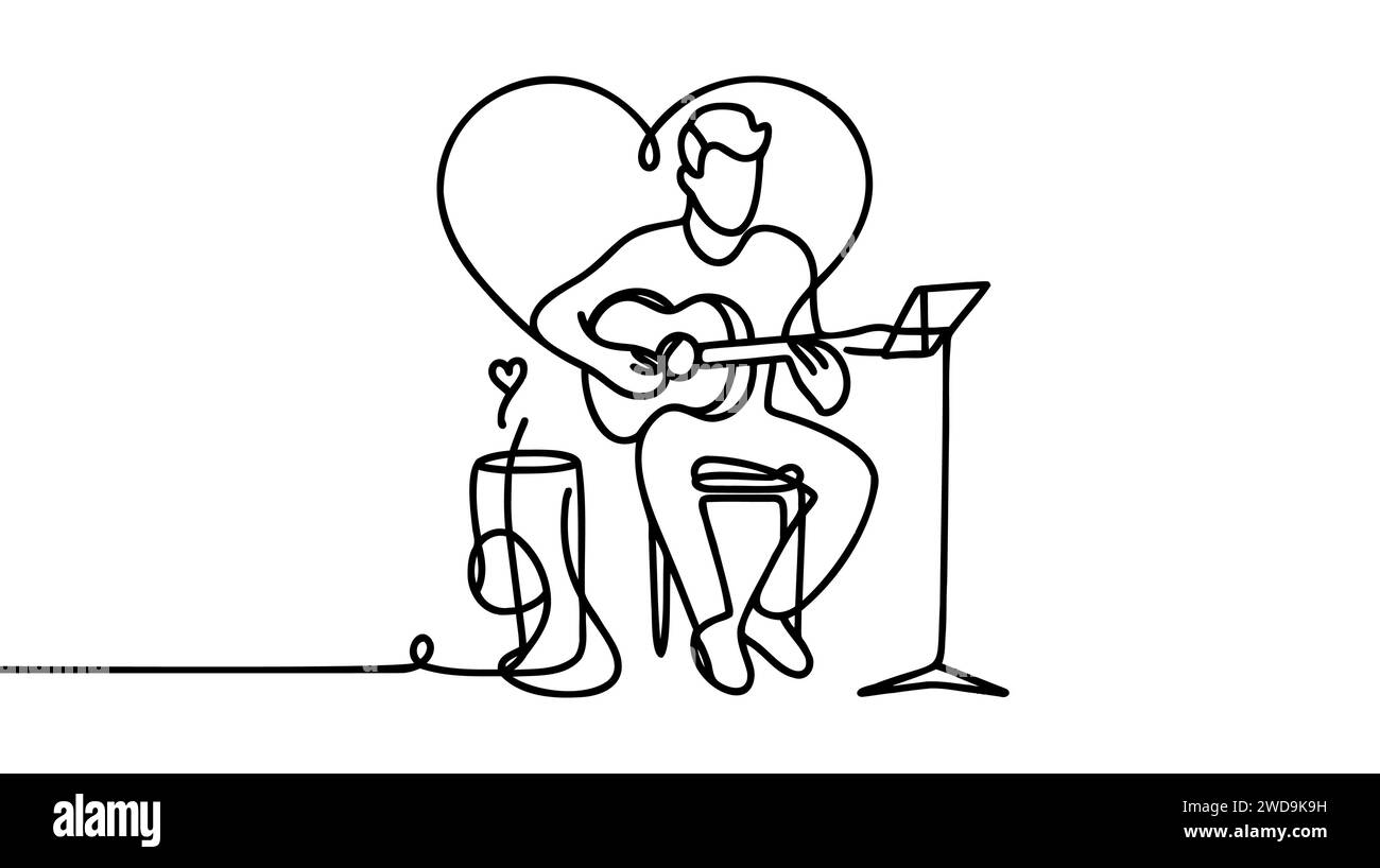 Continuous line drawing of a man playing guitar. Man musician sing love ...
