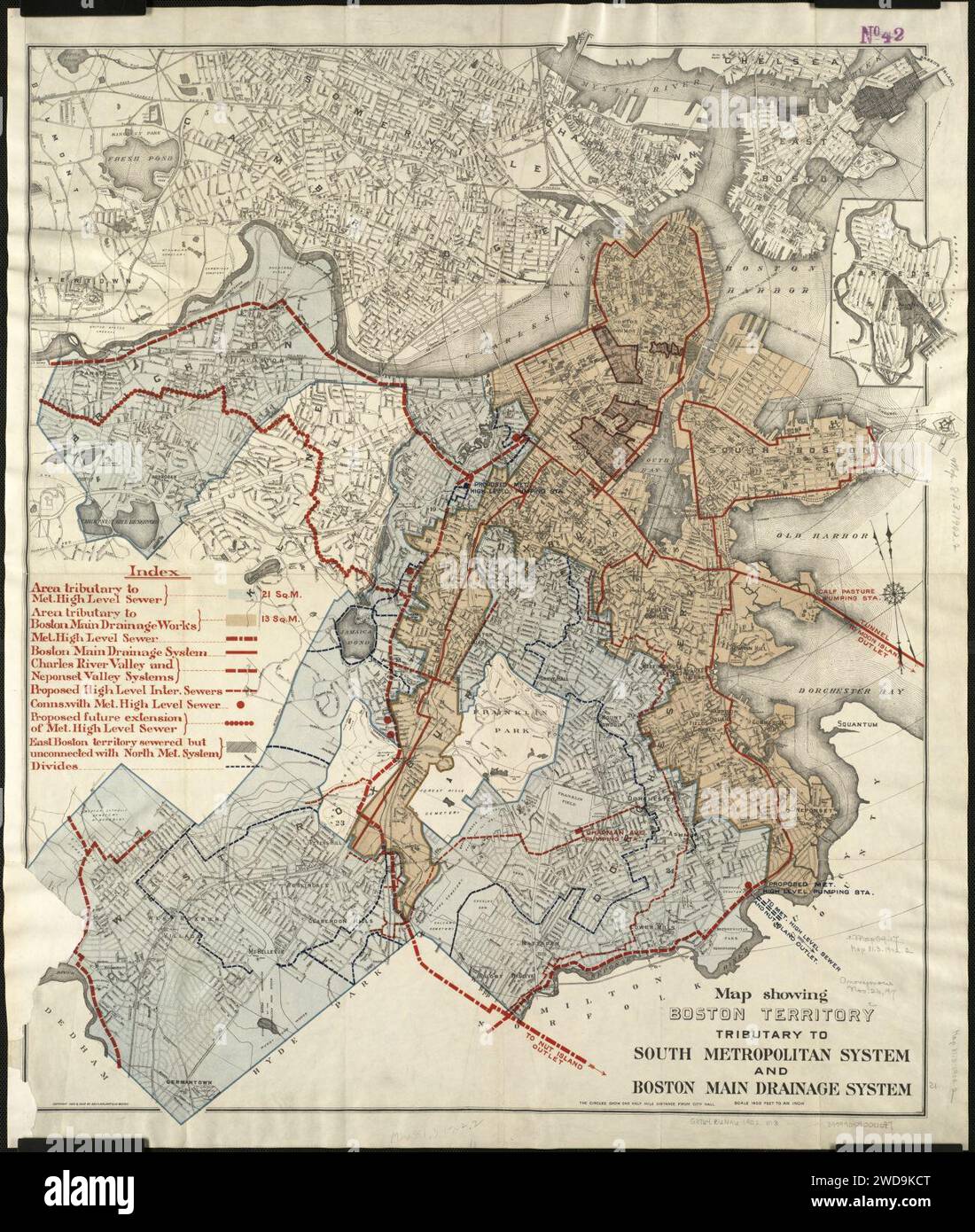 1902 Boston sewers - Map showing Boston territory tributary to South ...